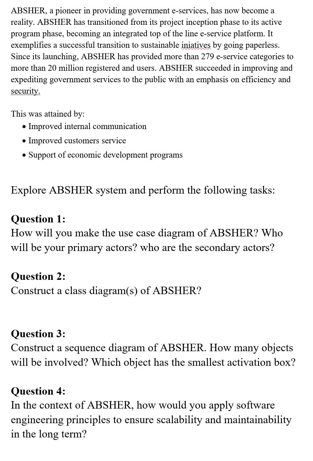 Solved ABSHER, a pioneer in providing government e-services, | Chegg.com