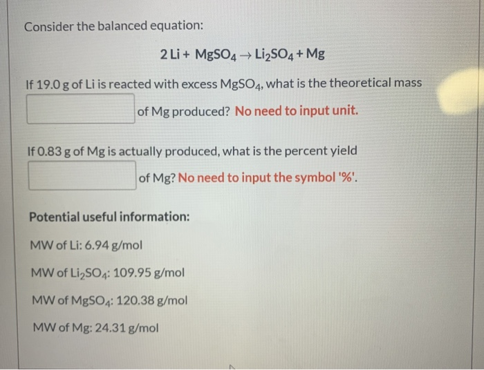 Solved Consider the balanced equation: 2 Li + MgSO4 → Li2SO4 | Chegg.com