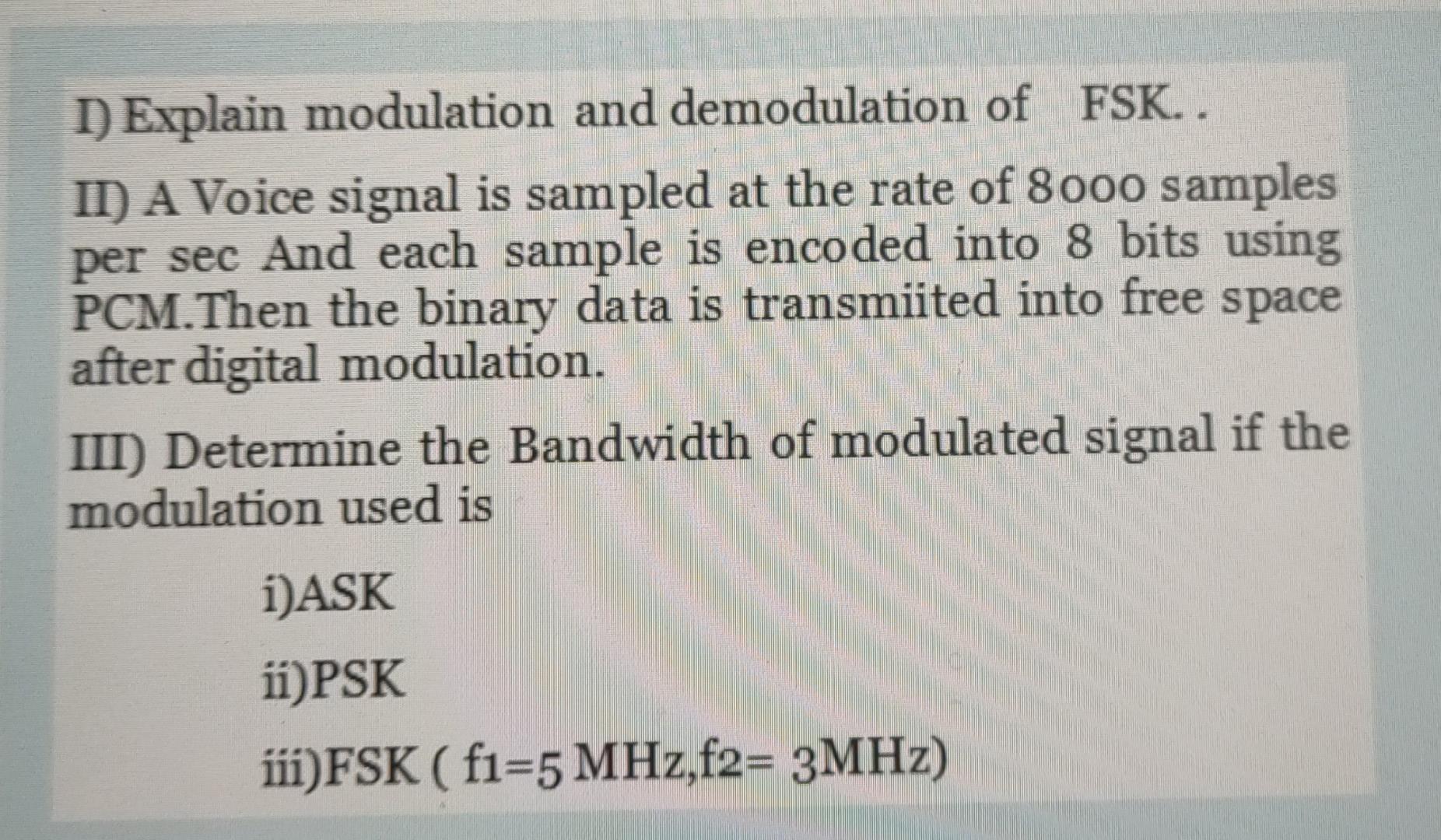 Solved I) Explain modulation and demodulation of FSK.. II) A | Chegg.com