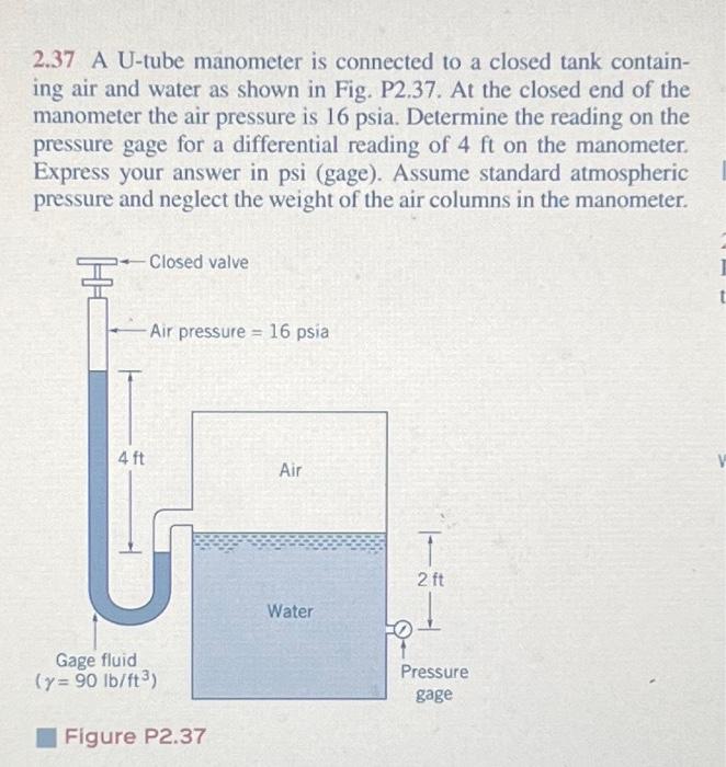 Solved 2.37 A U-tube manometer is connected to a closed tank | Chegg.com