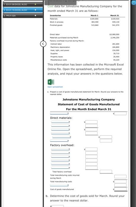 Solved 1. EX.01.09.EXCEL.ALGO 2. EX.01.15.EXCEL.ALGO 3. | Chegg.com