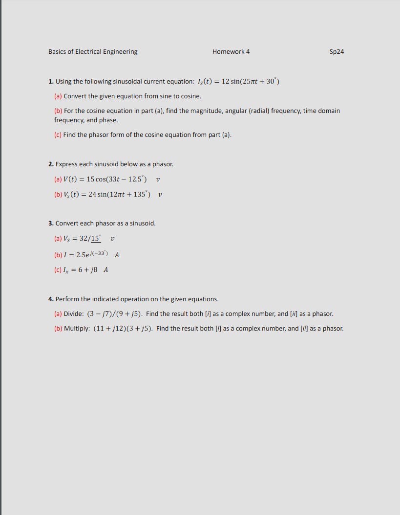 Solved Using the following sinusoidal current equation: | Chegg.com