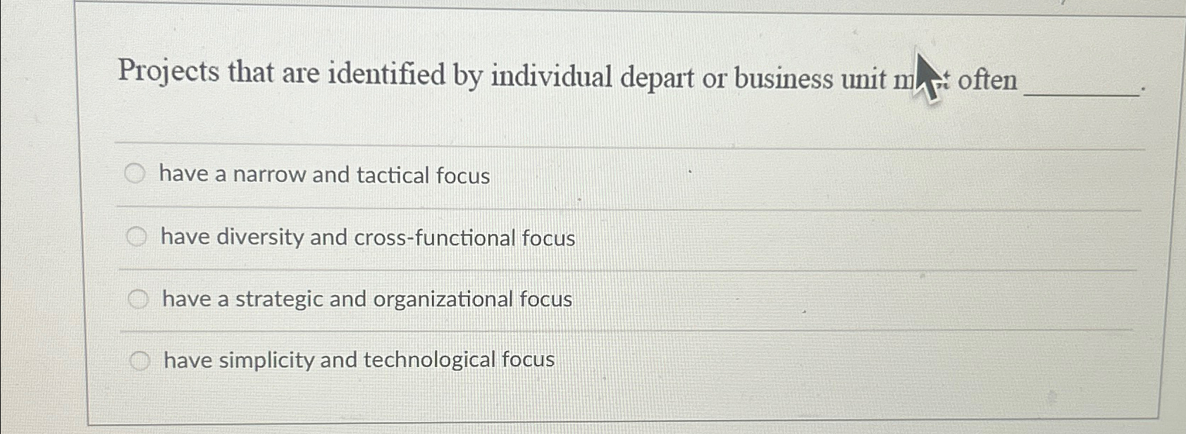 Solved Projects that are identified by individual depart or | Chegg.com