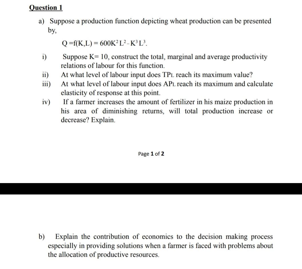 Solved Suppose a production function depicting wheat | Chegg.com