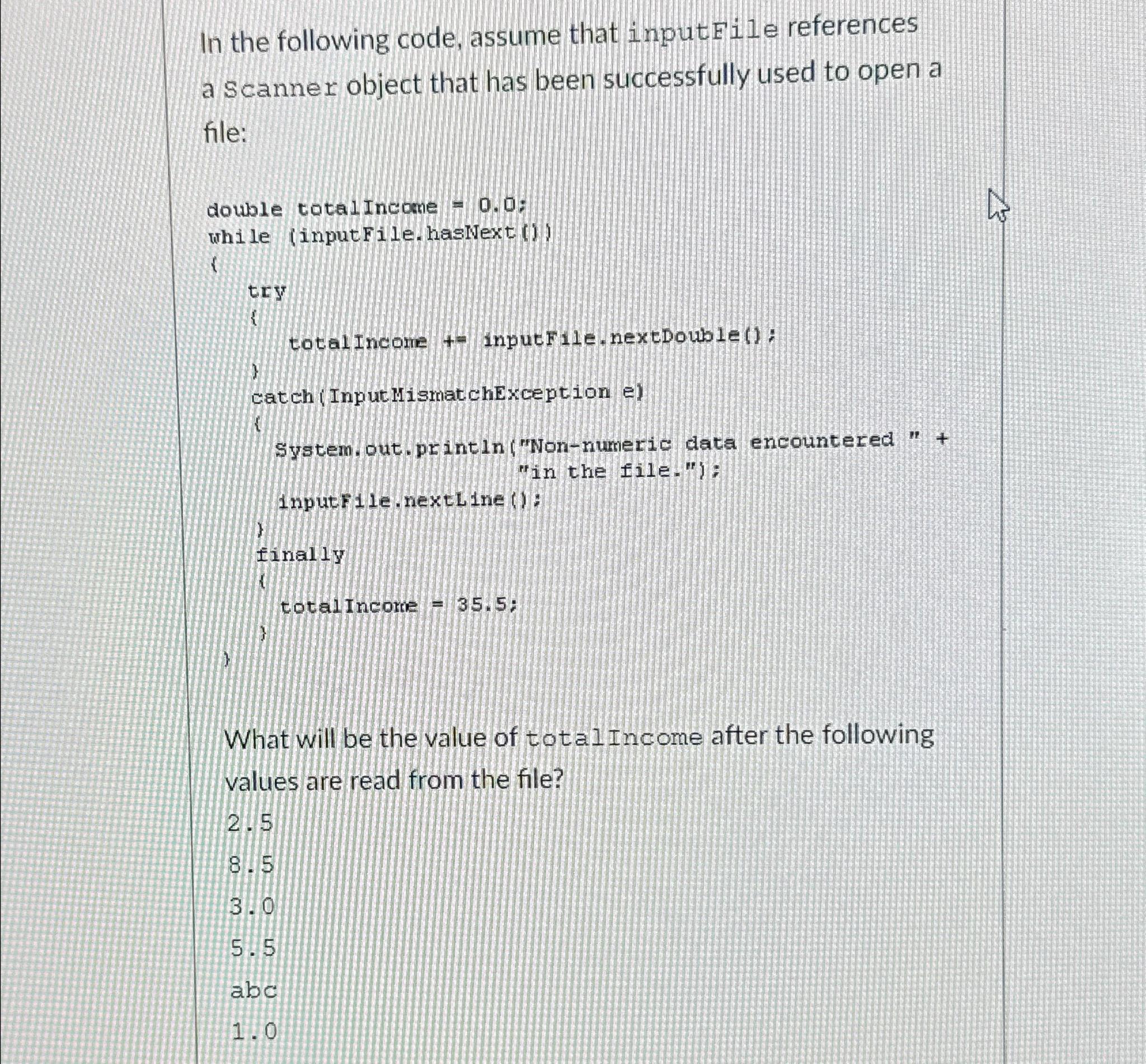 Solved In the following code, assume that inputFile | Chegg.com Solved In the following code, assume that inputFile | Chegg.com