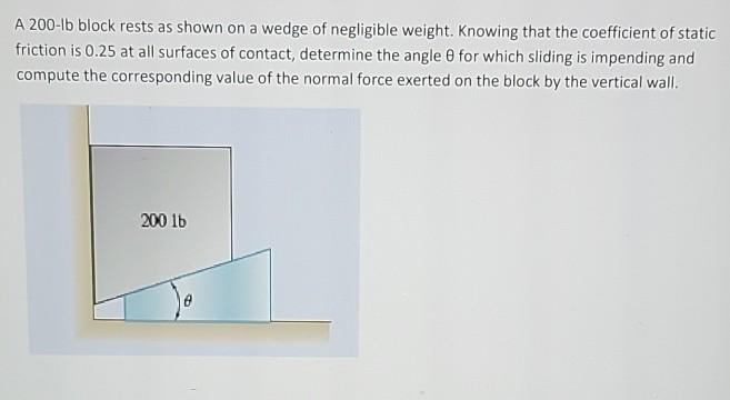 Solved A 200-lb block rests as shown on a wedge of | Chegg.com