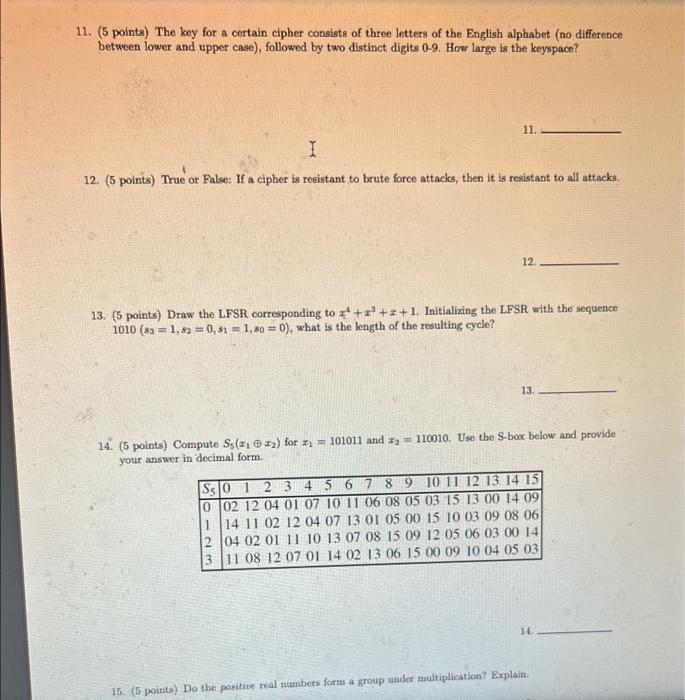 Solved 11. (5 points) The key for a certain cipher consists | Chegg.com