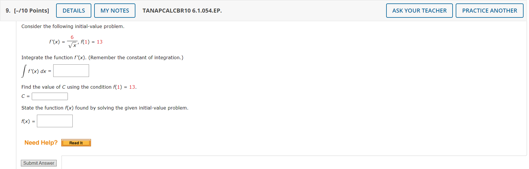 Solved [-/10 ﻿Points]Consider the following initial-value | Chegg.com