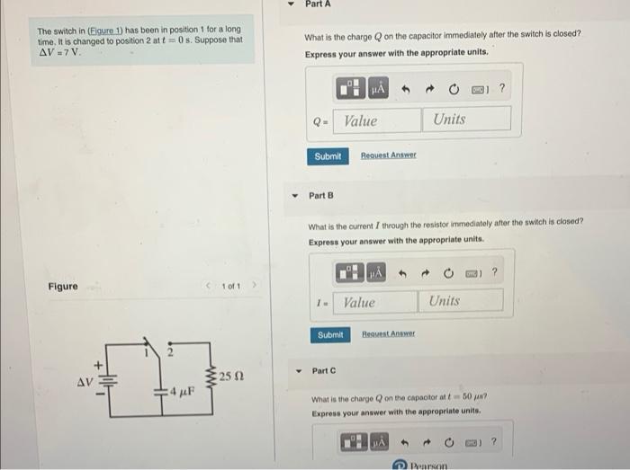 Solved The switch in (Eigure 1) has been in position 1 for a | Chegg.com