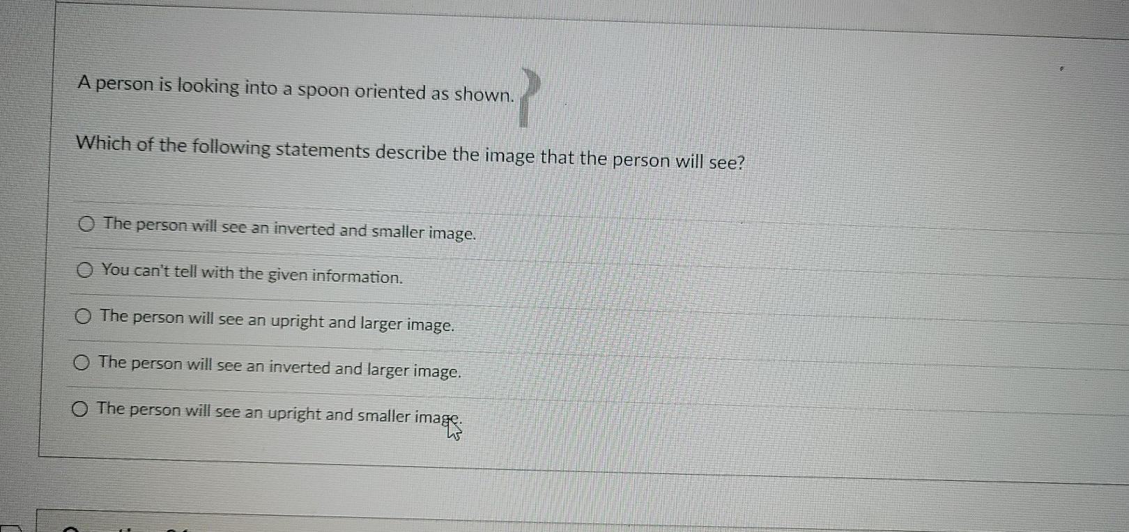 Solved A person is looking into a spoon oriented as shown. P | Chegg.com