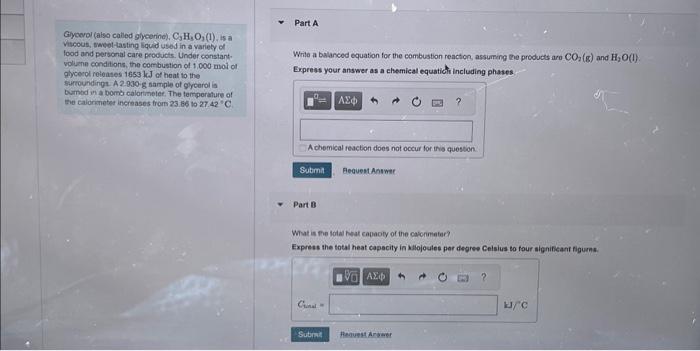 Gycerol (also calied glycerine), C3H3O3(1), is a | Chegg.com