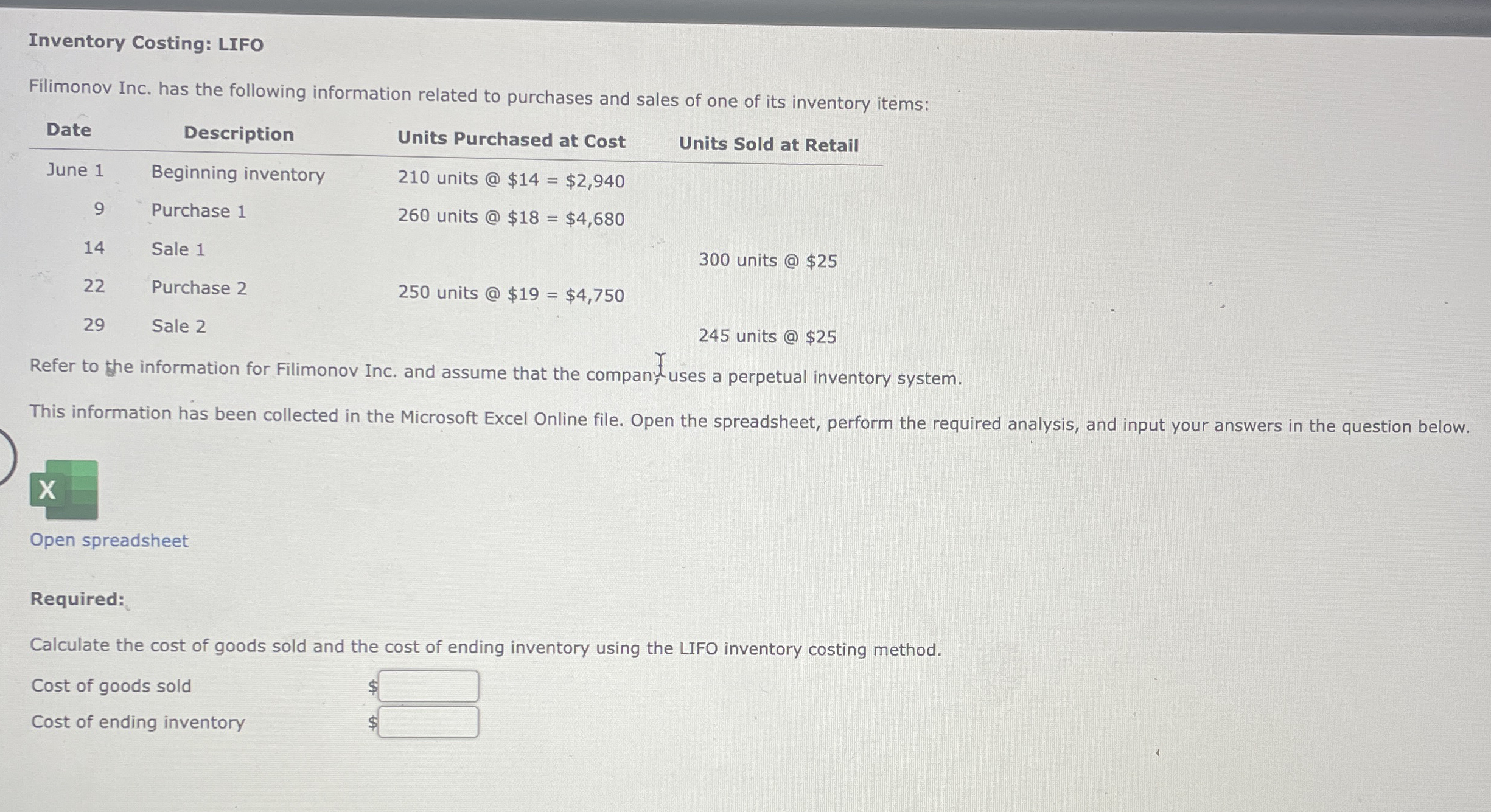 Solved Inventory Costing: LIFOFilimonov Inc. has the | Chegg.com