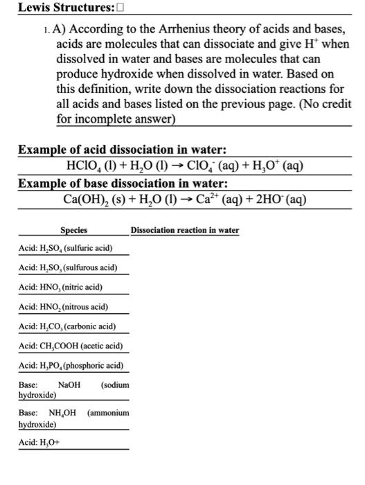 Solved 1. A) According to the Arrhenius theory of acids and | Chegg.com