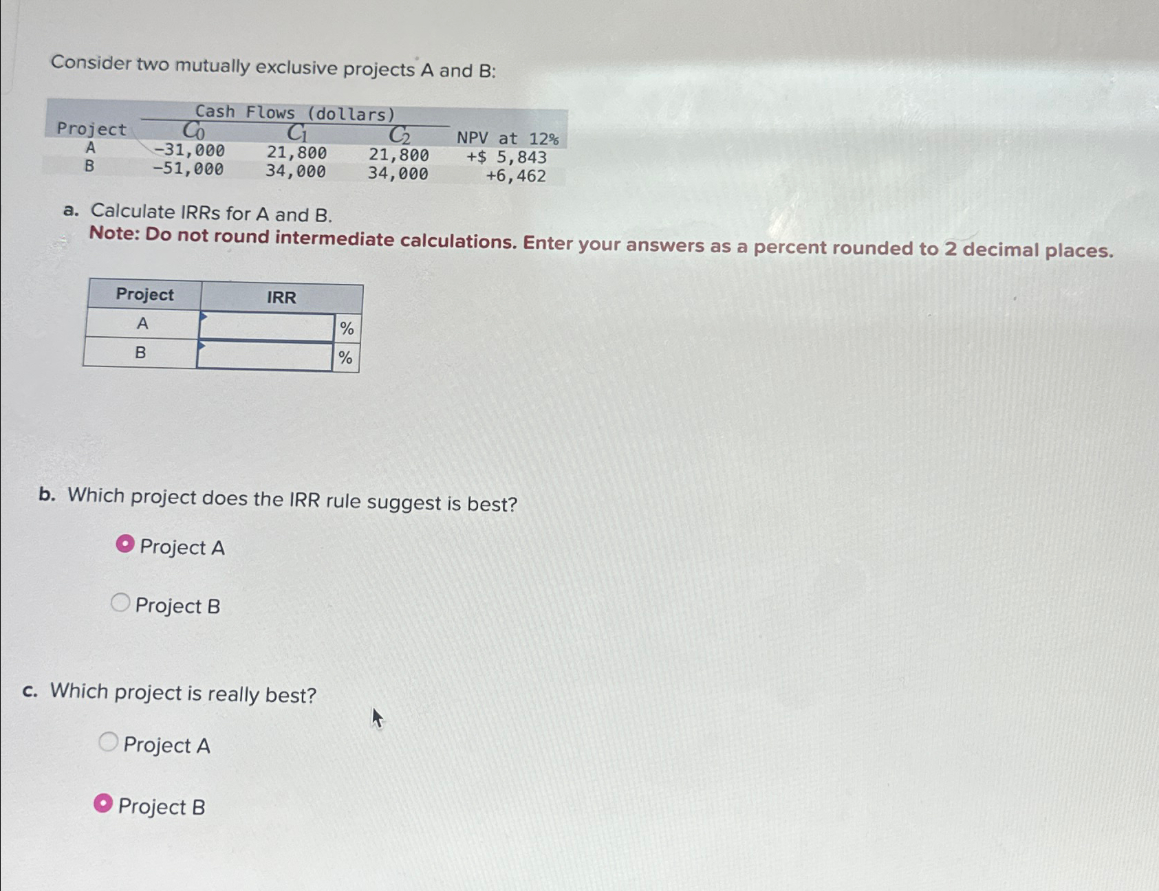 Consider two mutually exclusive projects A and B | Chegg.com