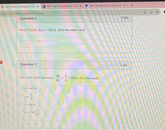 Solved Find f′(1) for f(x)=ln(x). (Give the exact value) | Chegg.com