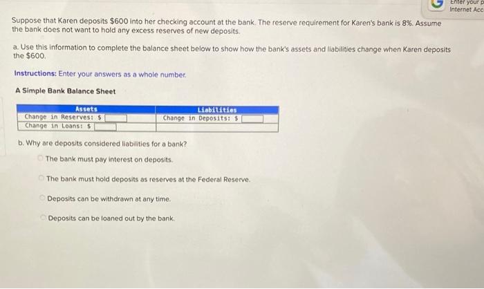 Solved Suppose that Karen deposits $600 into her checking | Chegg.com