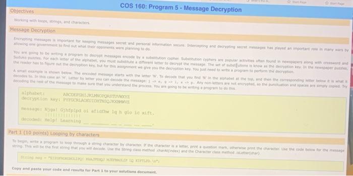 COS 160: Program 5 - Message Decryption Objectives | Chegg.com
