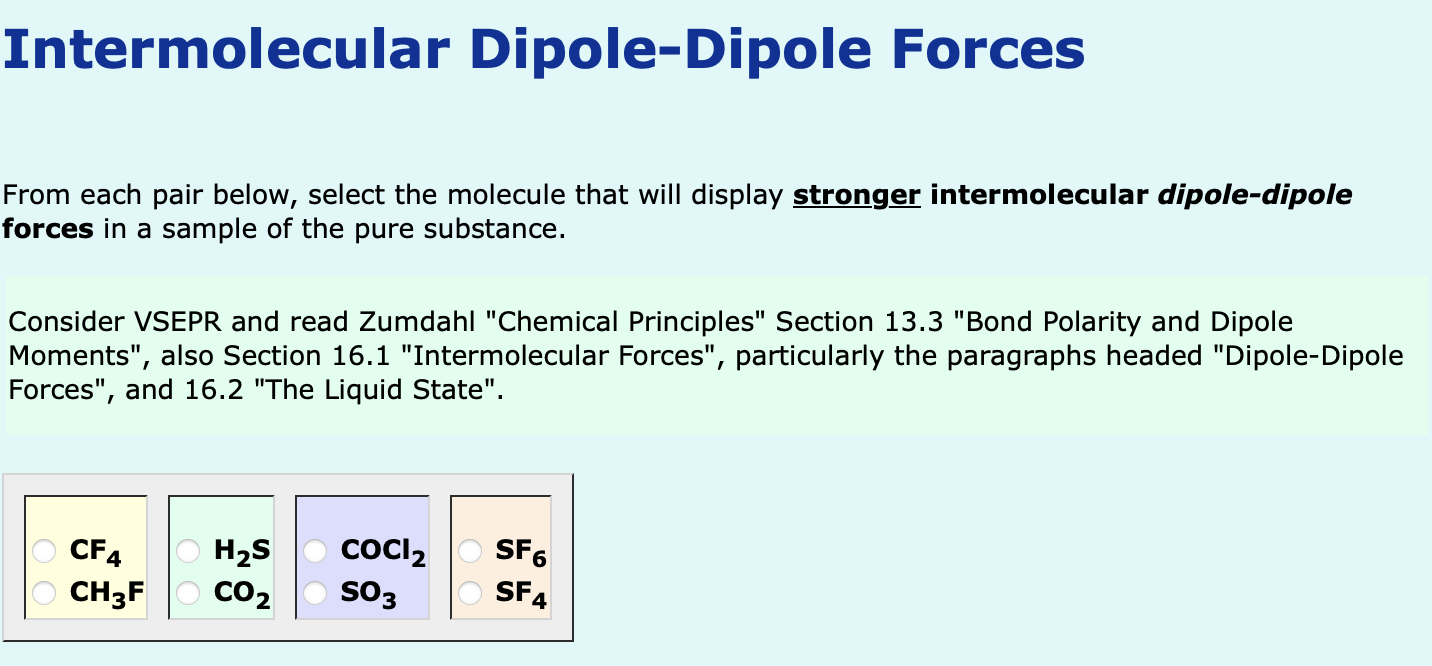 Solved Intermolecular Dipole-Dipole ForcesFrom each pair | Chegg.com
