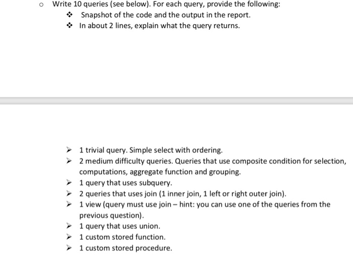 Write 10 queries (see below). For each query, provide | Chegg.com