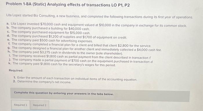 Solved Problem 1-8A (Static) Analyzing effects of | Chegg.com