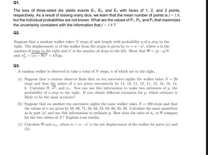 Solved Q1. The toss of three-sided die yields events E1, E2, | Chegg.com