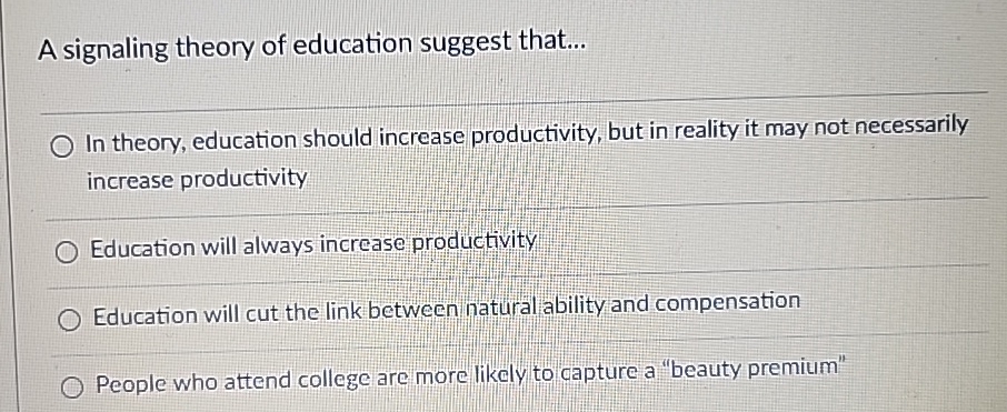 Solved A signaling theory of education suggest that...In | Chegg.com