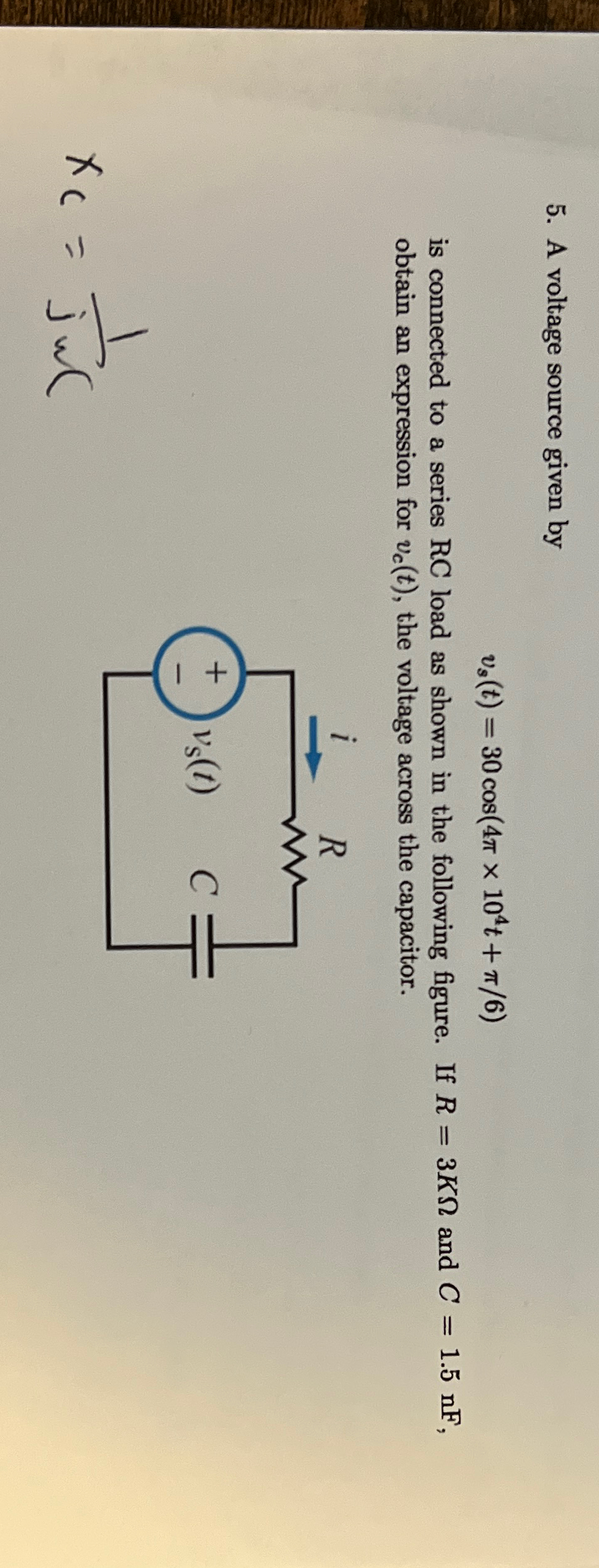 Solved A voltage source given byvs(t)=30cos(4π×104t+π6)is | Chegg.com
