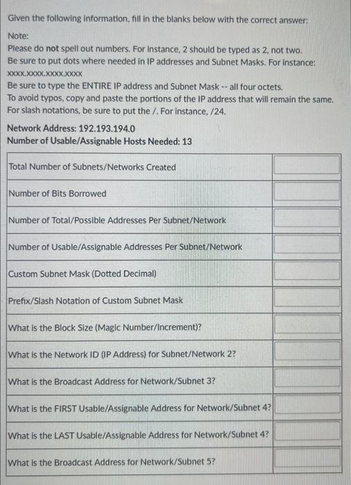 Solved Given The Following Information Fill In The Blanks 8495