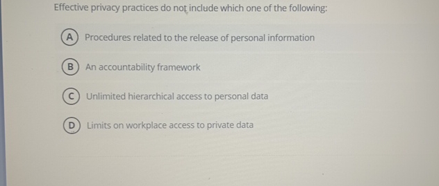 Solved Effective privacy practices do not include which one | Chegg.com