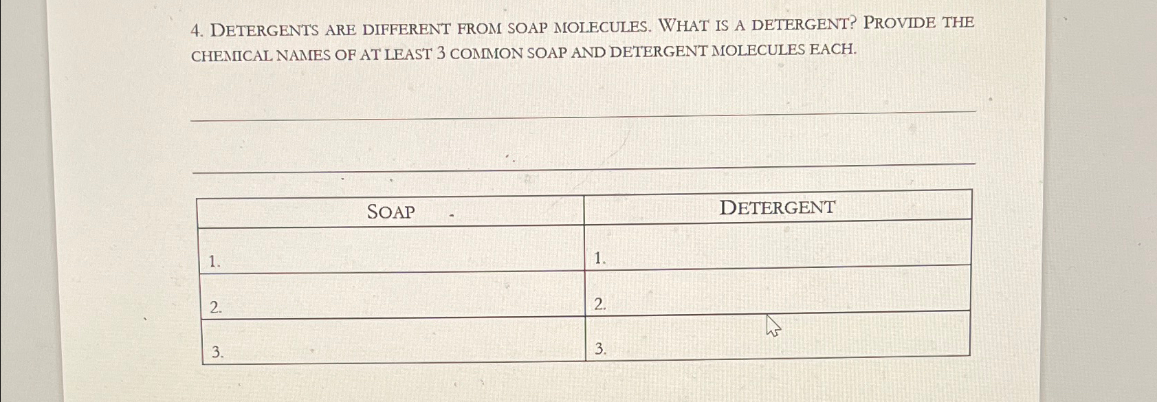 Solved DETERGENTS ARE DIFFERENT FROM SOAP MOLECULES. WHAT IS | Chegg.com