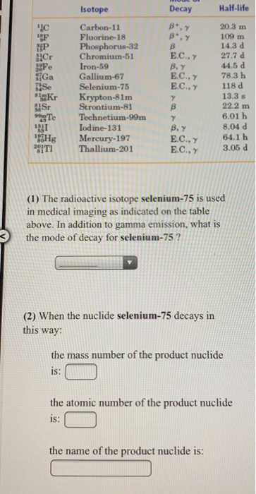 Solved (1) The radioactive isotope selenium -75 is used in | Chegg.com