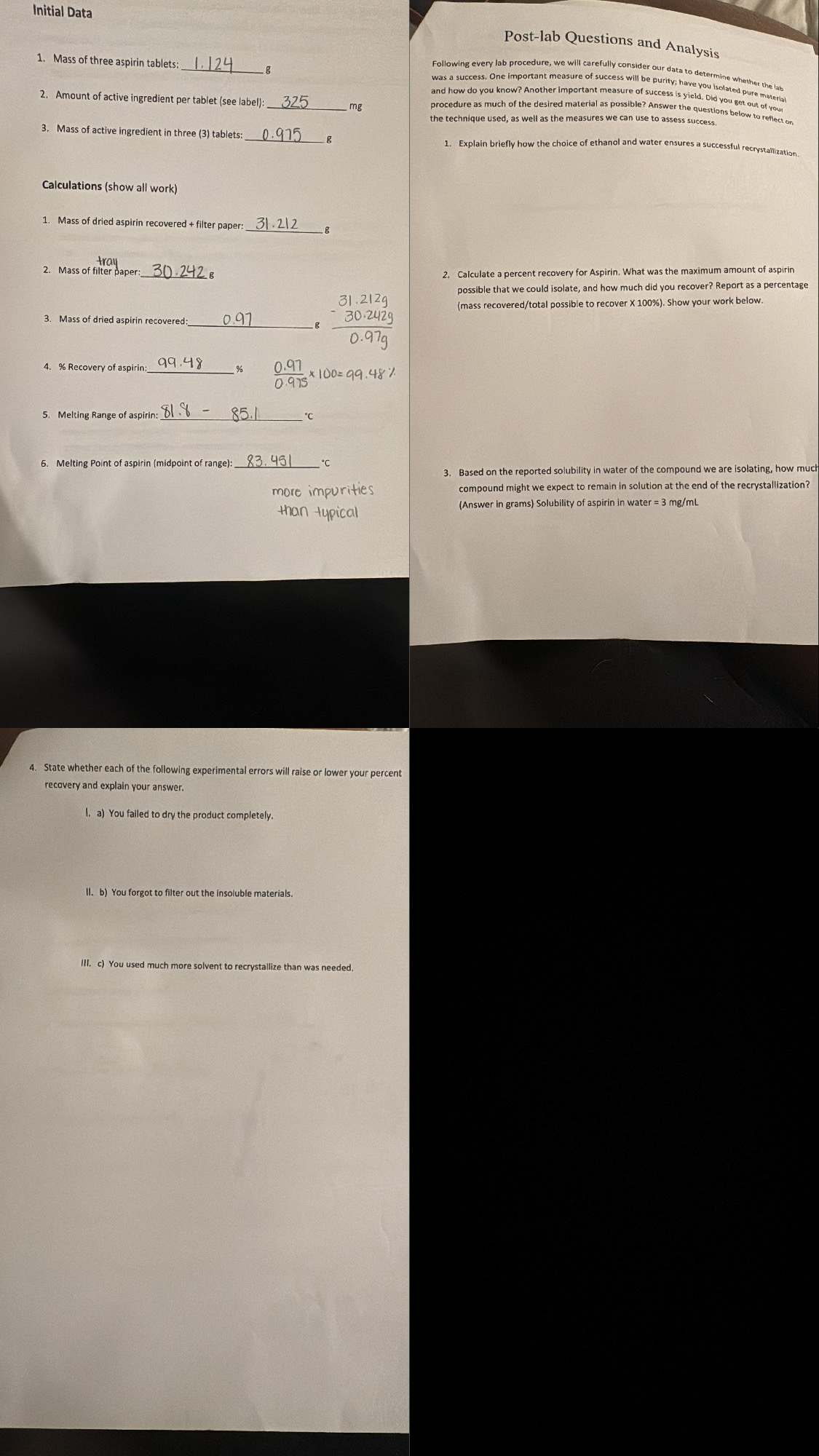 Solved Initial DataMass of three aspirin tablets: | Chegg.com