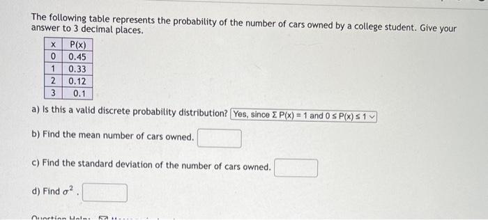 Solved The following table represents the probability of the | Chegg.com