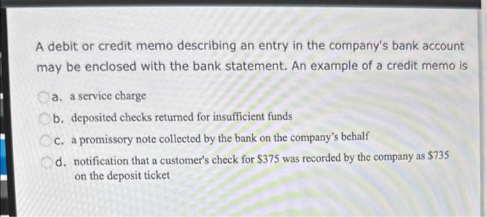 Solved A debit or credit memo, describing an entry in the | Chegg.com