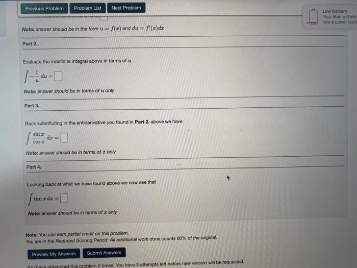 Solved Substitution in the Indefinite integral Part 1. | Chegg.com