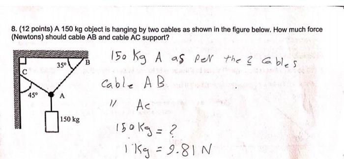 Solved 8. (12 points) A 150 kg object is hanging by two | Chegg.com