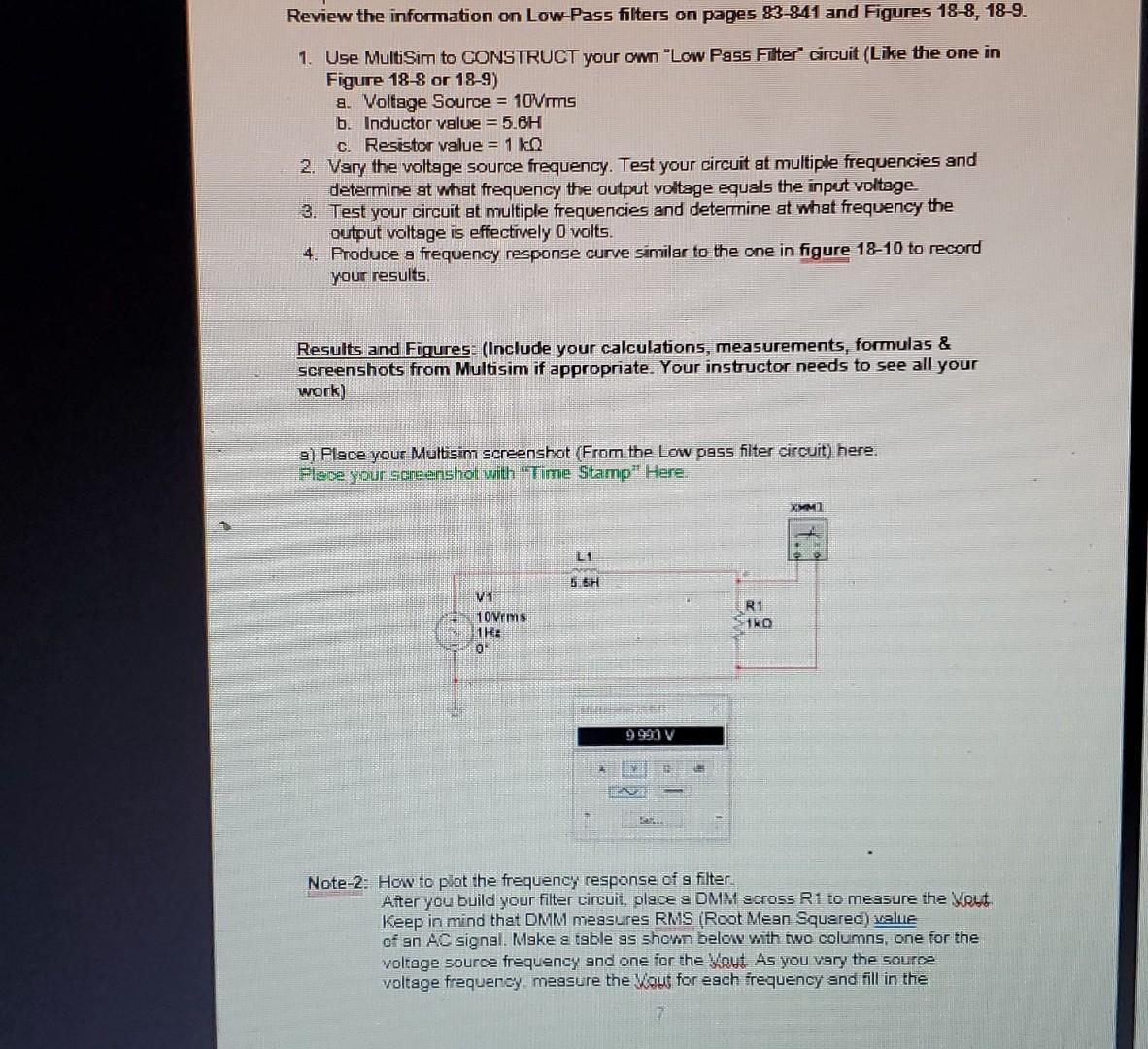 Solved 1. Use MultiSim to CONSTRUCT your own "Low Pass | Chegg.com