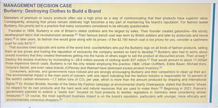 Solved MANAGEMENI DECISION CASE Burberry: Destroying Clothes | Chegg.com