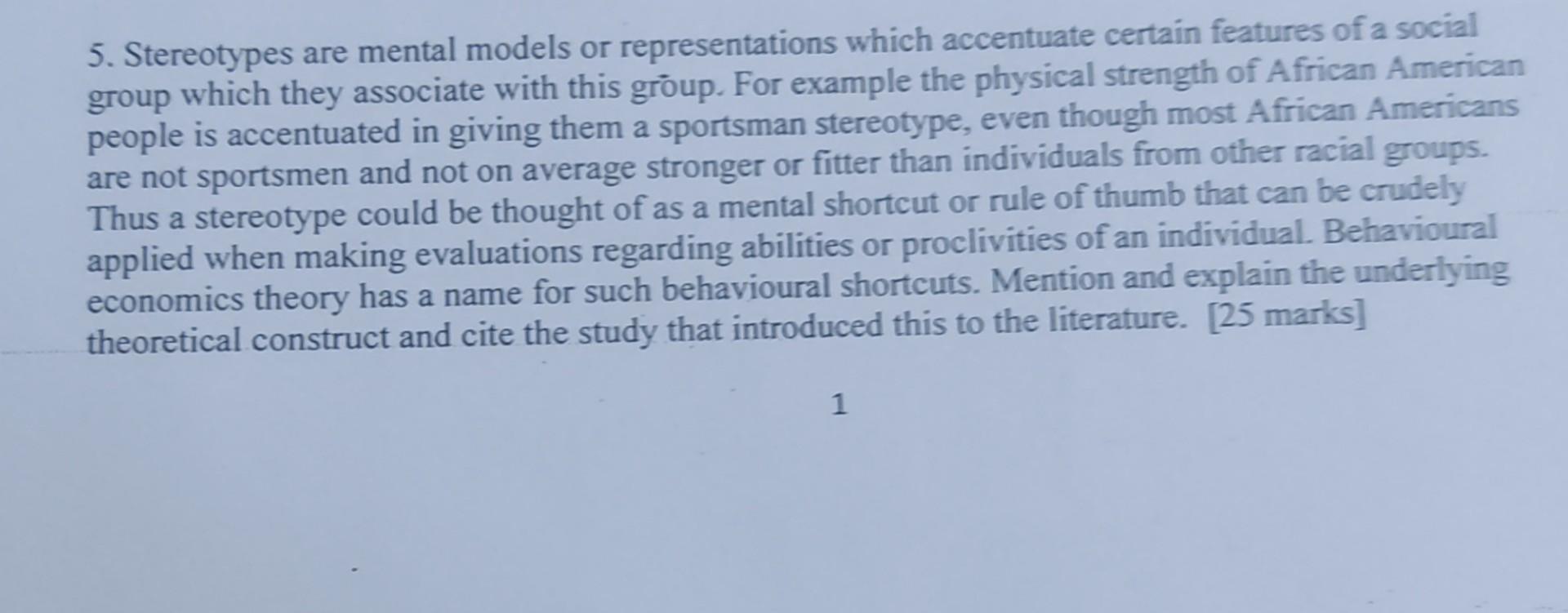 Solved 5. Stereotypes are mental models or representations | Chegg.com