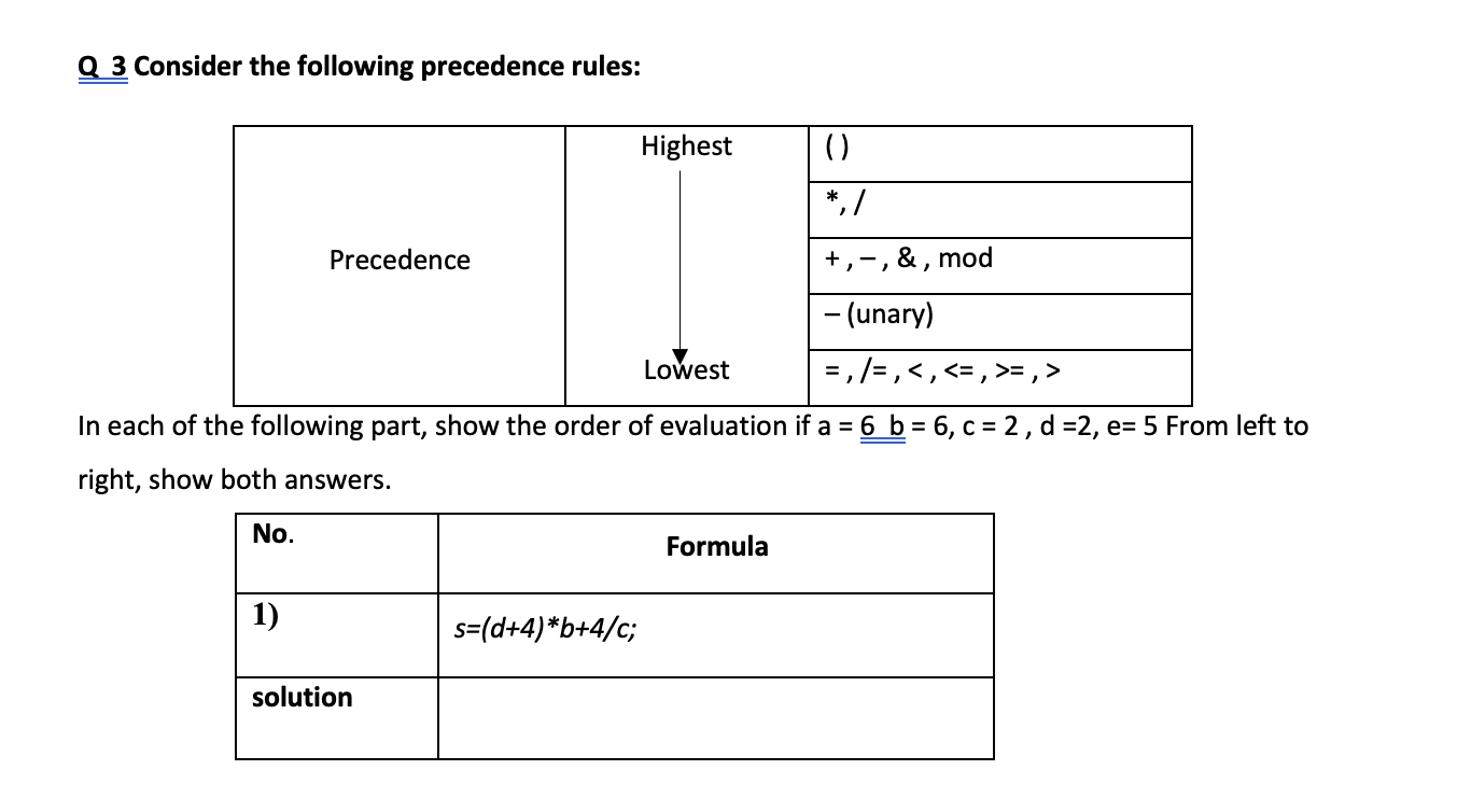 Solved Q 3 ﻿Consider the following precedence rules:In each | Chegg.com