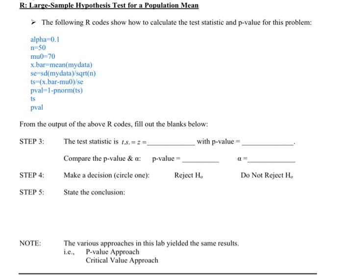 Solved R: Large-Sample Hypothesis Test for a Population Mean | Chegg.com
