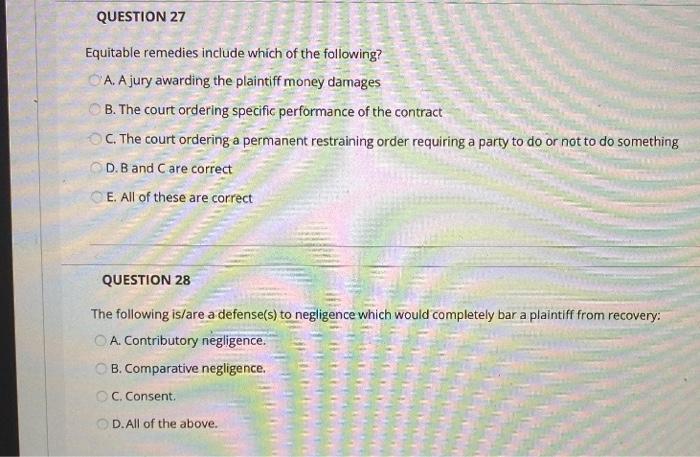 Solved QUESTION 27 Equitable remedies include which of the | Chegg.com