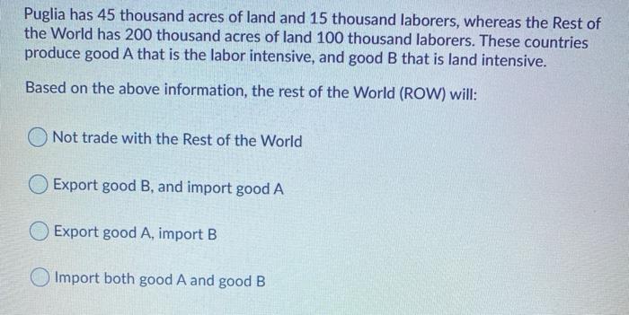 Solved Puglia has 45 thousand acres of land and 15 thousand | Chegg.com