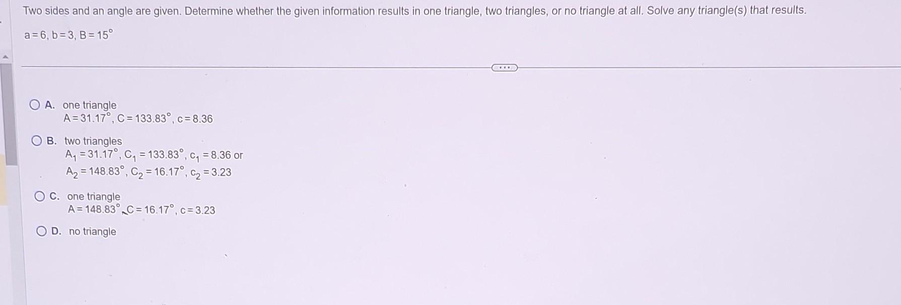 Solved Two sides and an angle are given. Determine whether | Chegg.com
