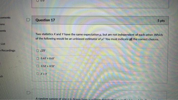 Solved cements Question 17 5 pts ons sents Two statistics X | Chegg.com Solved cements Question 17 5 pts ons sents Two statistics X | Chegg.com