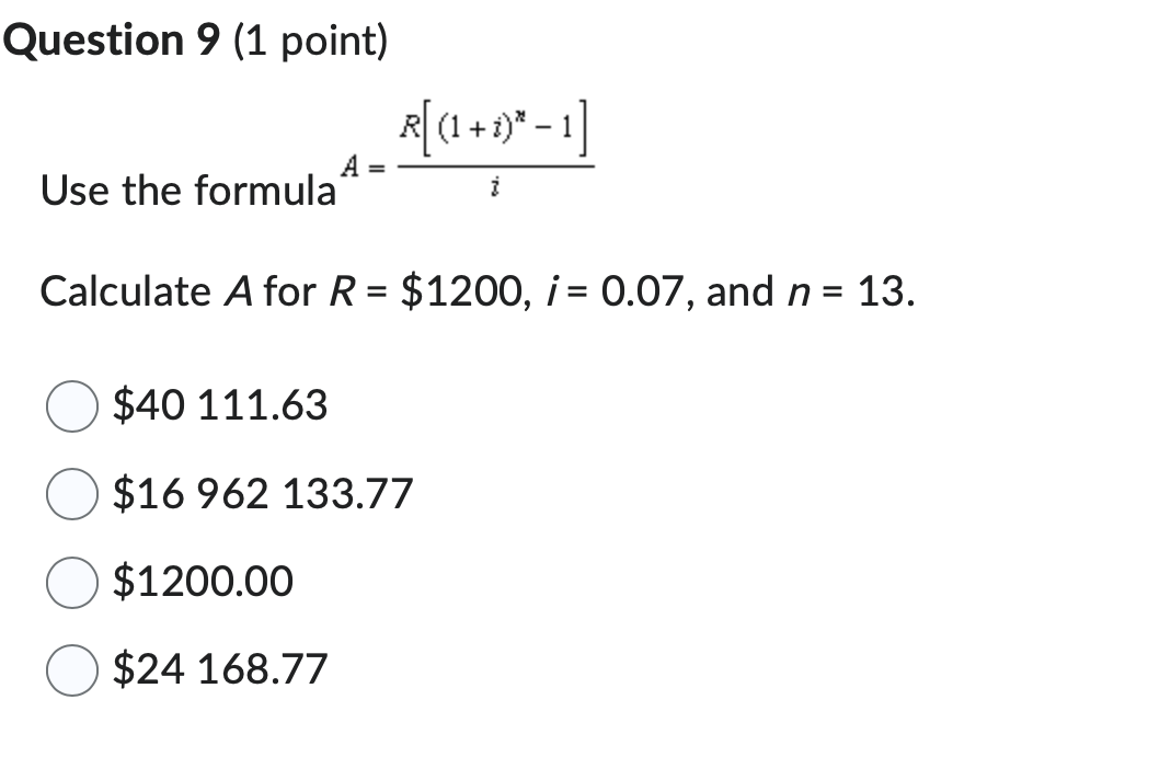 Solved Question 9 (1 ﻿point)Use the formula | Chegg.com