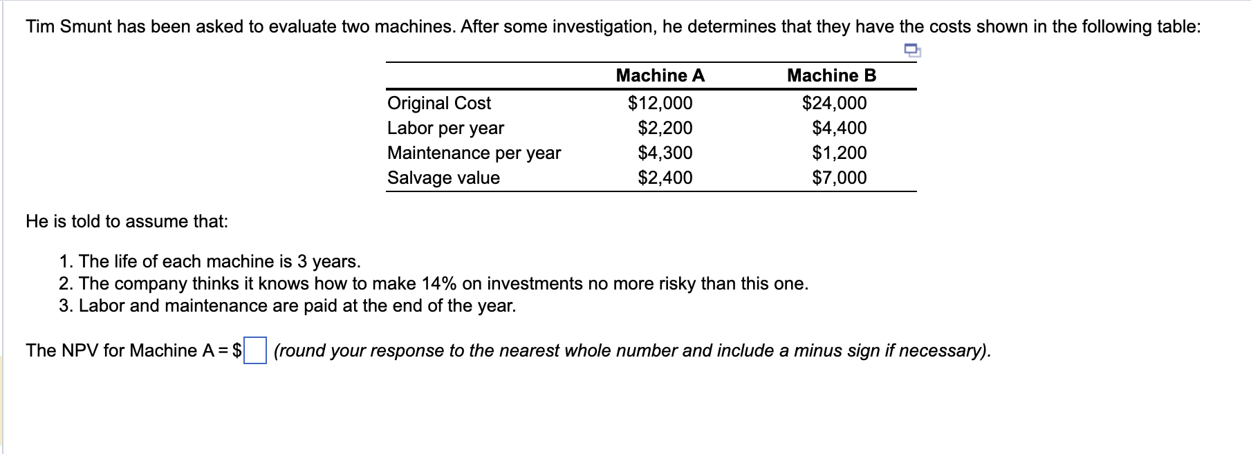 Solved Tim Smunt has been asked to evaluate two machines. | Chegg.com