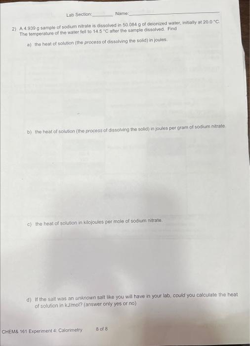 Solved Lab Section: Pame: 2) A 4.939 g sample of sodum | Chegg.com