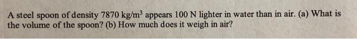 Solved A steel spoon of density 7870 kg/m3 appears 100 N | Chegg.com