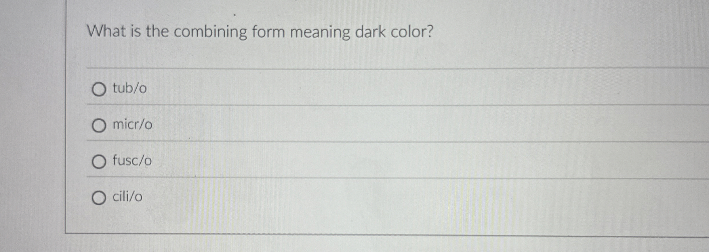 Solved What is the combining form meaning dark | Chegg.com